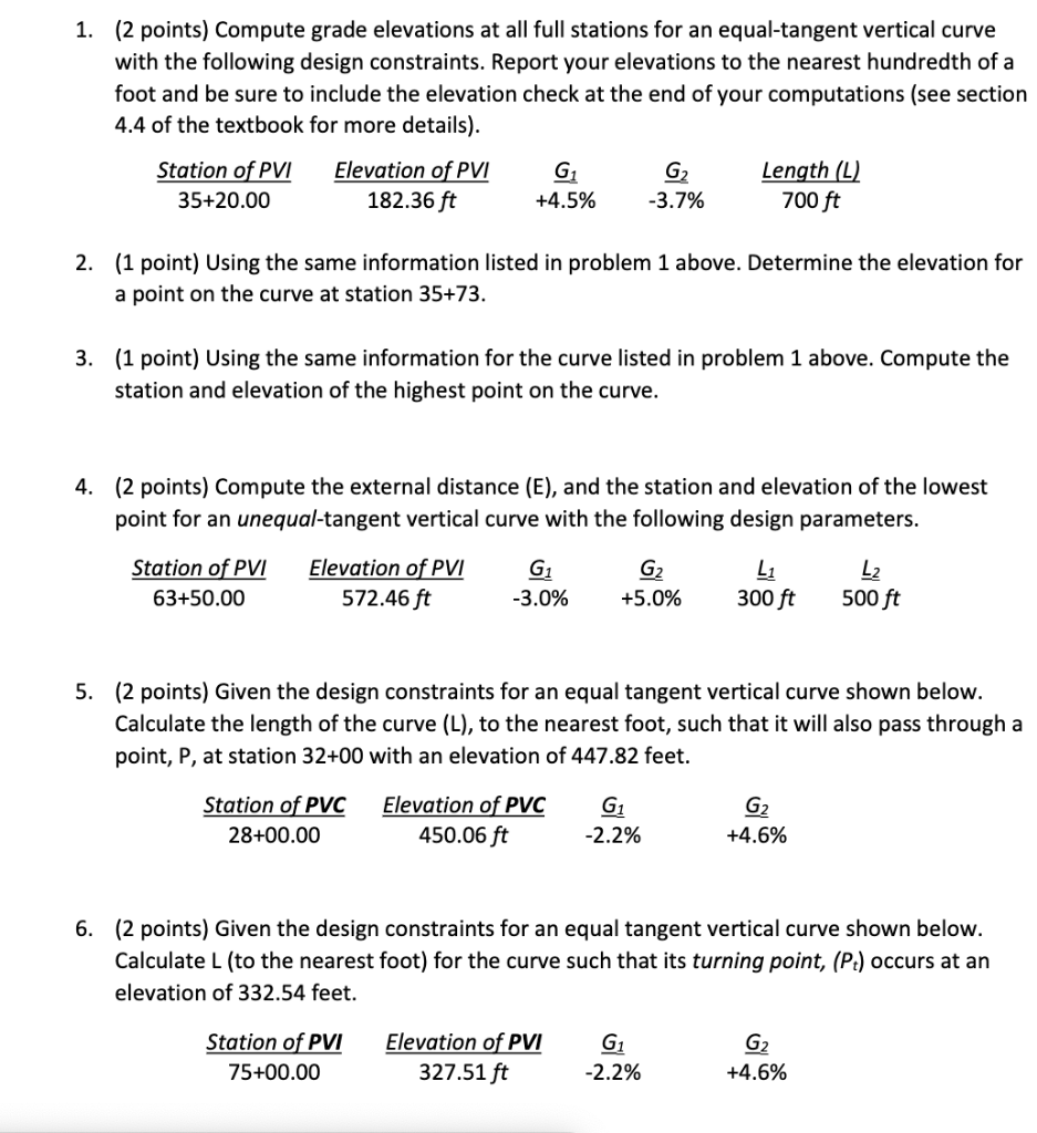 1. (2 points) Compute grade elevations at all full | Chegg.com