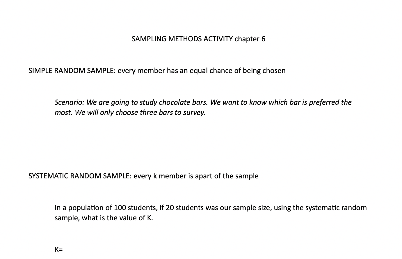 Solved SAMPLING METHODS ACTIVITY chapter 6 SIMPLE RANDOM | Chegg.com