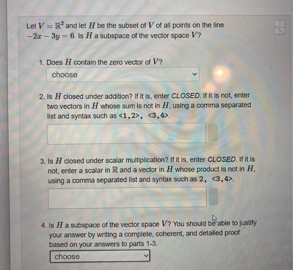 Solved Let V=R2 and let H be the subset of V of all points | Chegg.com