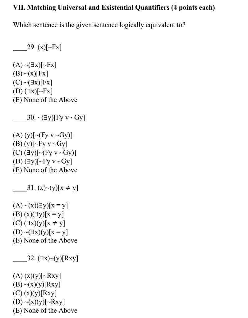 Solved VII. Matching Universal and Existential Quantifiers | Chegg.com