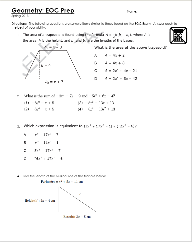 Solved Name: Geometry: EOC Prep Spring 2013 Directions: The | Chegg.com