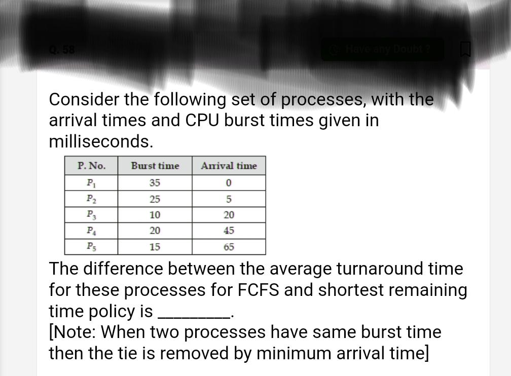 Solved 58 Consider the following set of processes, with the | Chegg.com