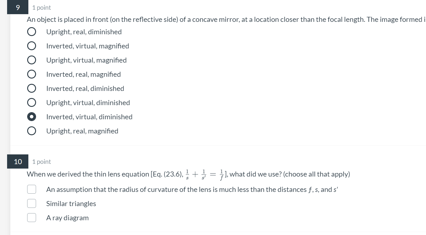 Solved 9 1 point An object is placed in front (on the | Chegg.com