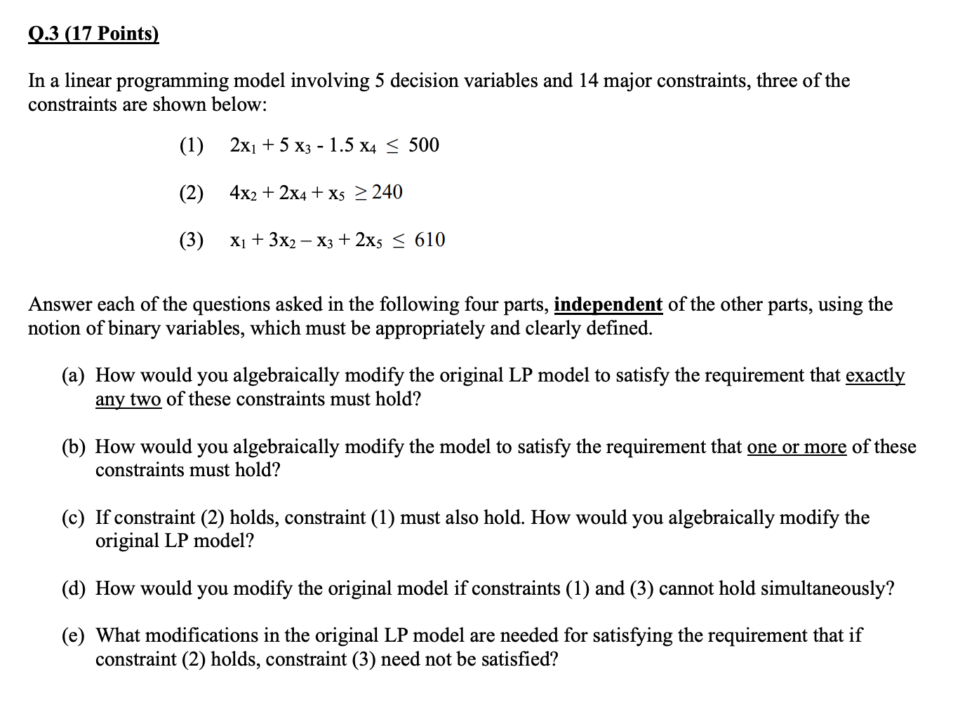 Solved Q.3 (17 Points) In a linear programming model | Chegg.com