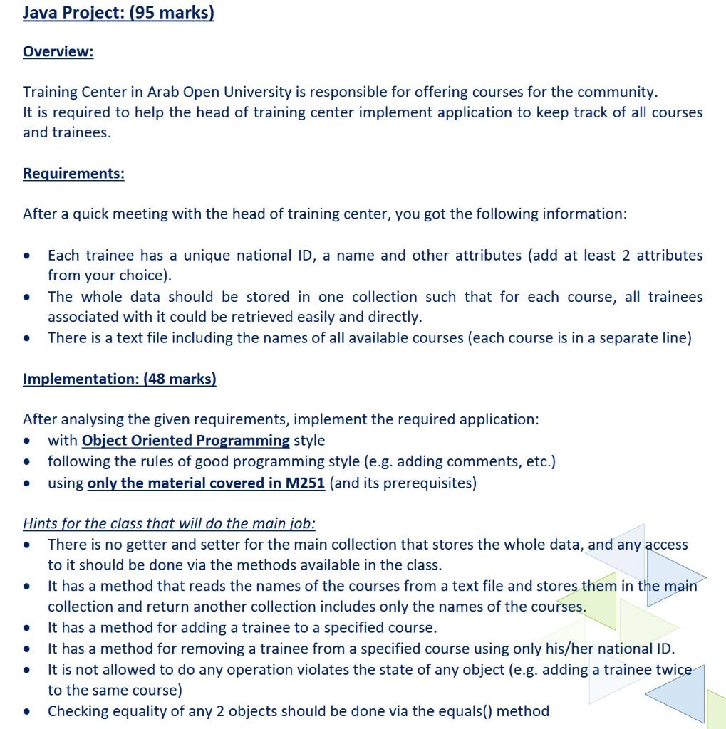 Solved Java Project: (95 marks) Overview: Training Center in | Chegg.com