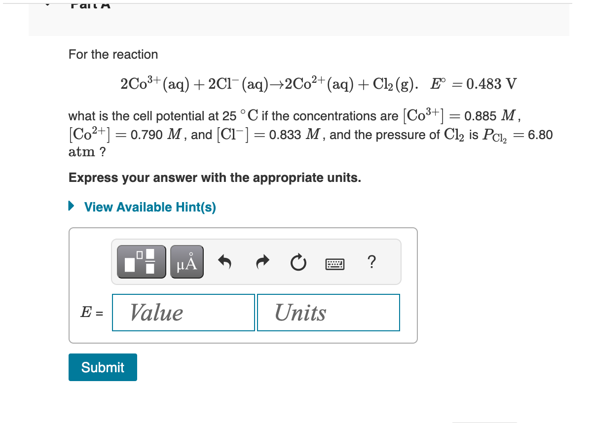 Solved For the reaction 2Co3+(aq)+2Cl−(aq)→2Co2+(aq)+Cl2( | Chegg.com