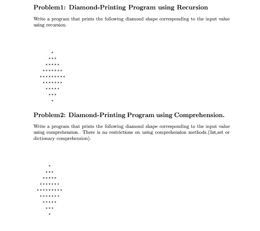 Solved Problem1: Diamond-Printing Program using Recursion | Chegg.com