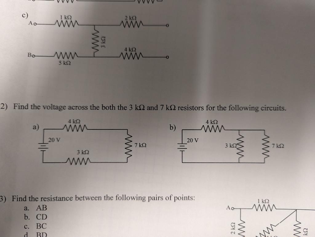 Solved 2) Find voltage across 3k ohm resistor and 7k ohm | Chegg.com