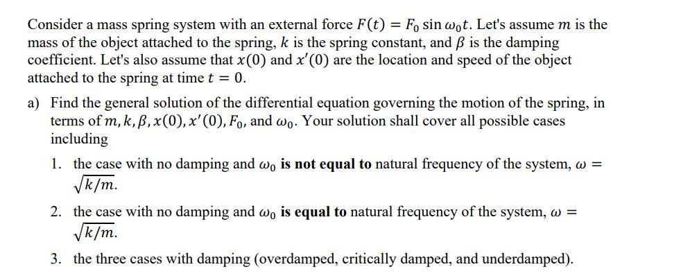 Solved Consider a mass spring system with an external force | Chegg.com