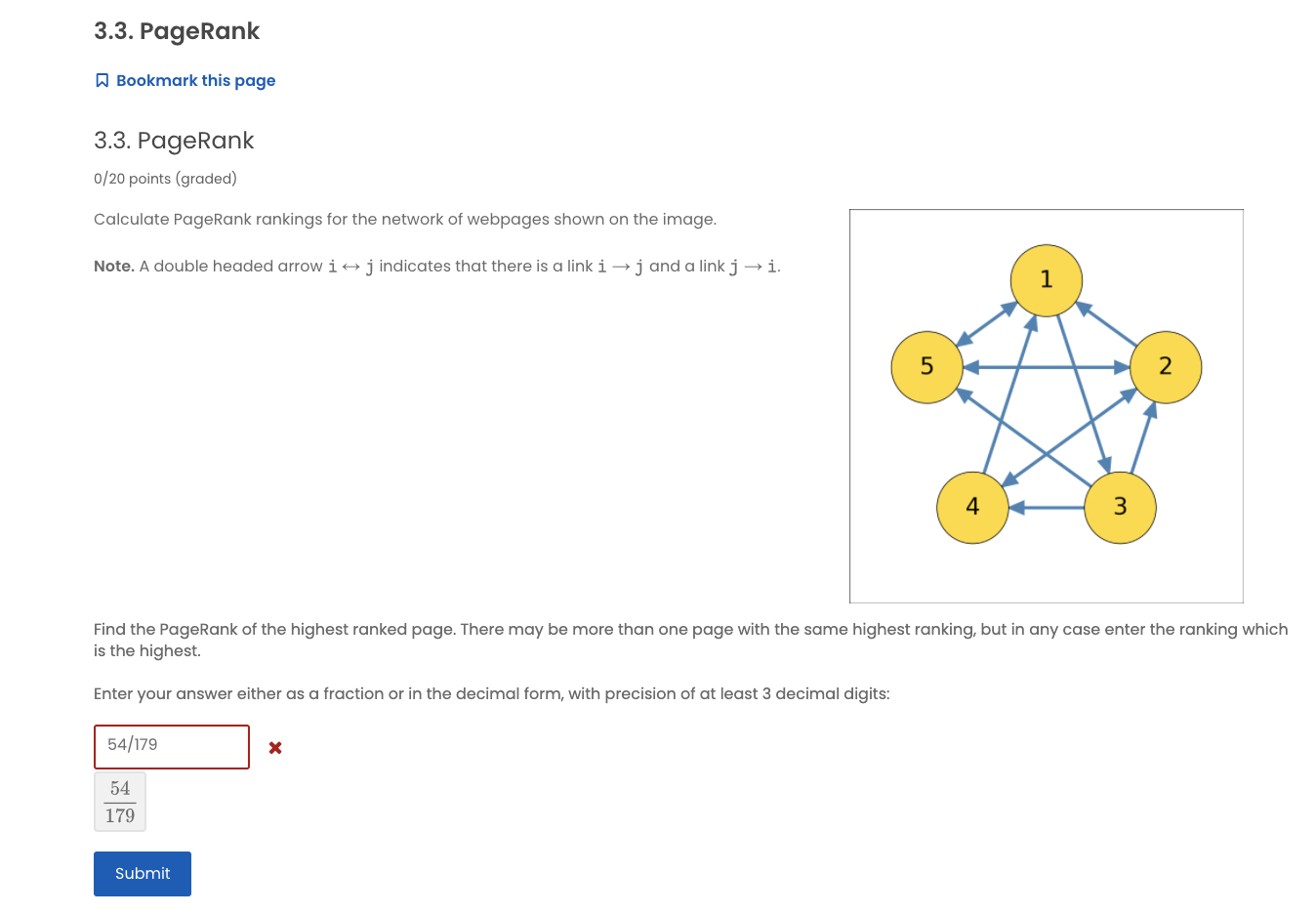 Solved 3.3. PageRank Bookmark this page 3.3. PageRank 0/20 | Chegg.com