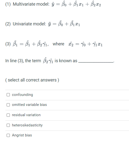 Solved (1) Multivariate model: y^=β0^+β1^x1+β2^x2 (2) | Chegg.com
