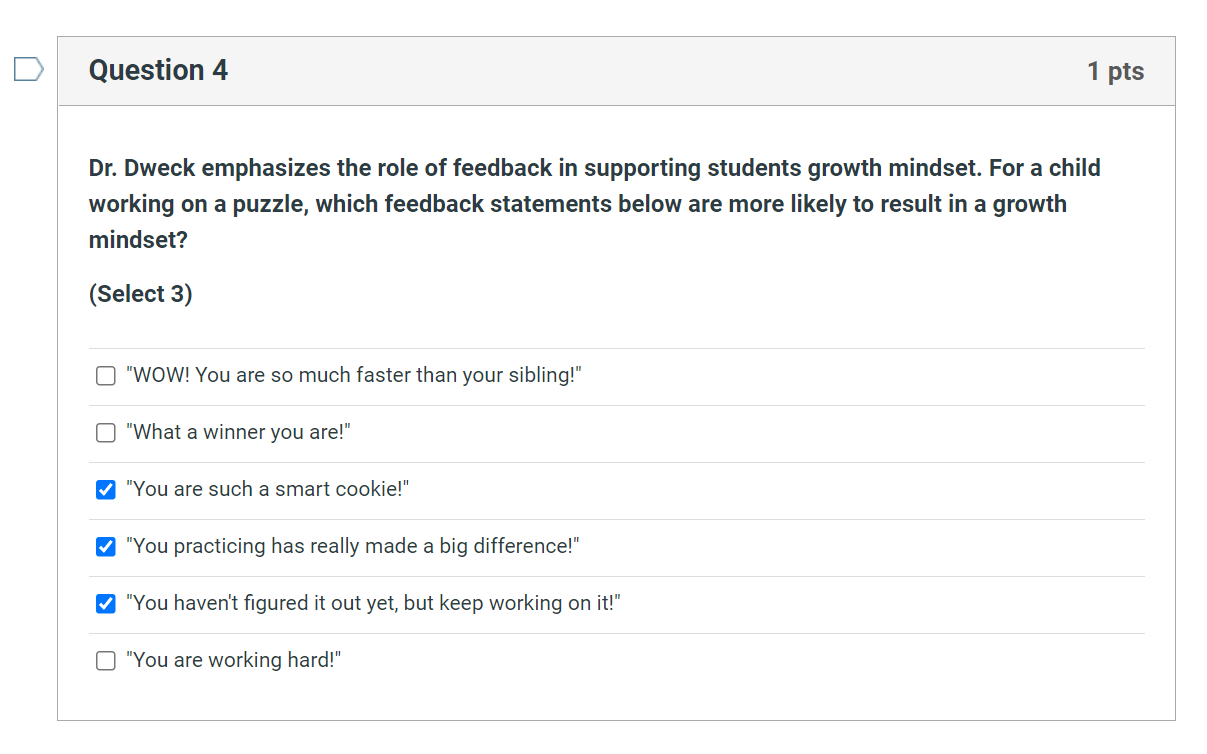 Solved Dr. Dweck emphasizes the role of feedback in | Chegg.com