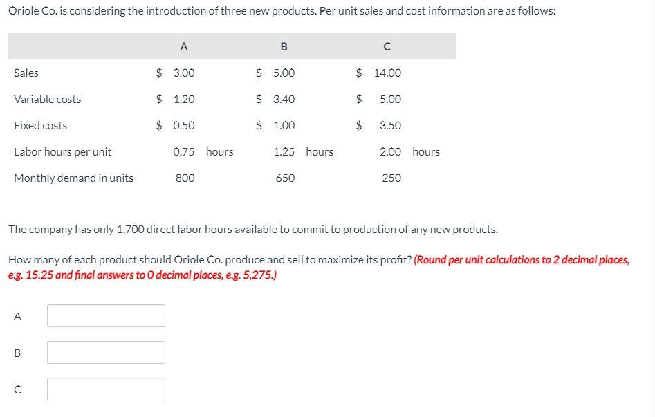 Solved Oriole Co. is considering the introduction of three | Chegg.com