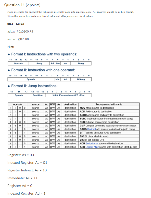 Solved Question 11 (2 points) Hand assemble (or encode) the | Chegg.com