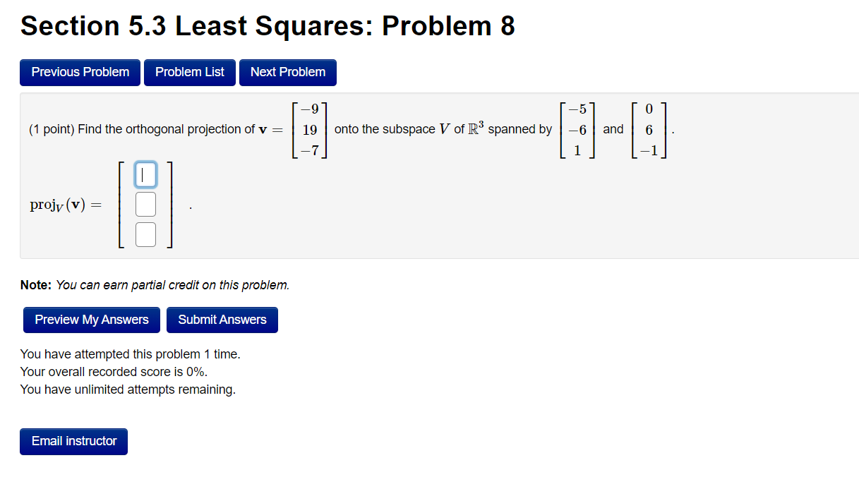 Solved Section 5.3 Least Squares: Problem 8 Previous Problem | Chegg.com