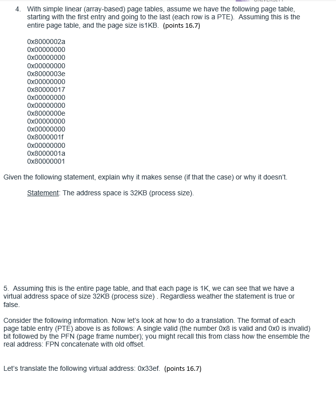 4. With simple linear (array-based) page tables, | Chegg.com