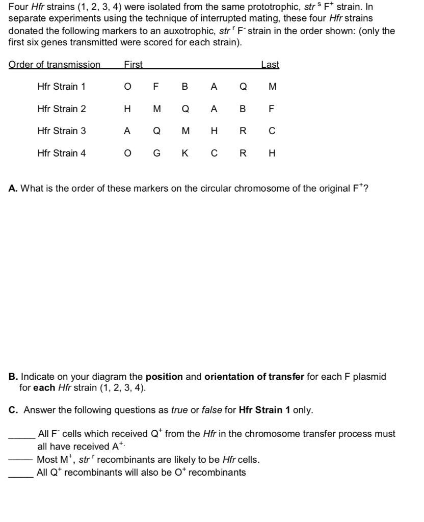 Solved Four Hfr strains (1, 2, 3, 4) were isolated from the | Chegg.com