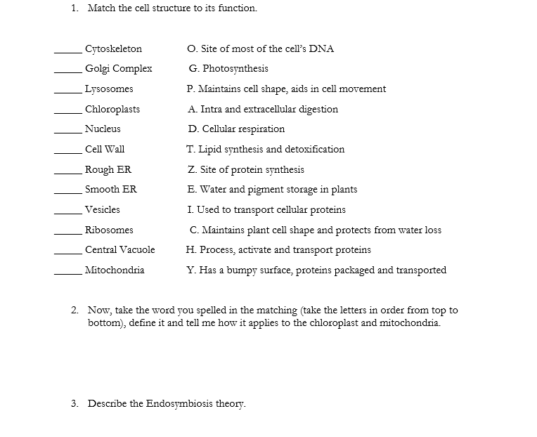 Solved 1. Match the cell structure to its function. | Chegg.com