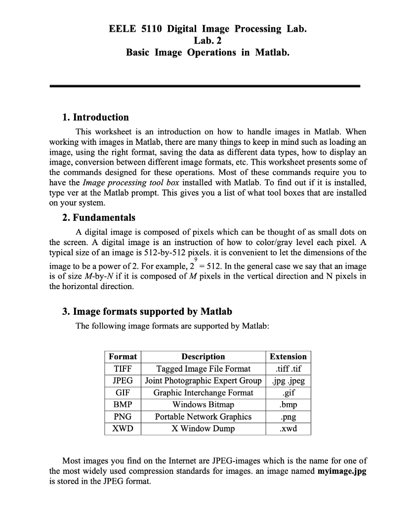 Solved EELE 5110 Digital Image Processing Lab. Lab. 2 Basic | Chegg.com