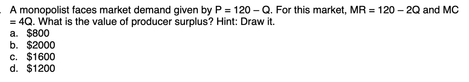 Solved A monopolist faces market demand given by P=120−Q. | Chegg.com