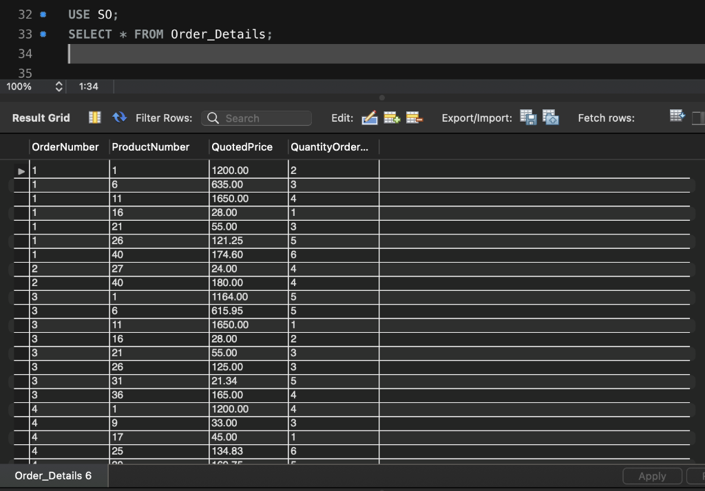 Solved USE SO; SELECT * FROM Order_Details; 1:34 Filter | Chegg.com