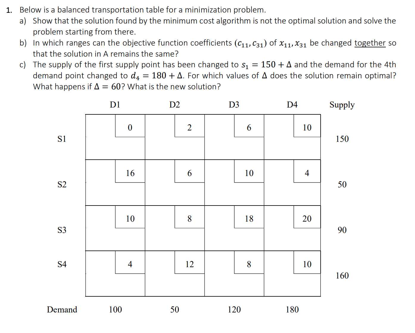1. Below is a balanced transportation table for a | Chegg.com