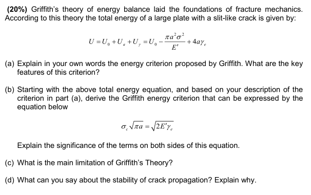 Solved (20%) Griffith's theory of energy balance laid the | Chegg.com