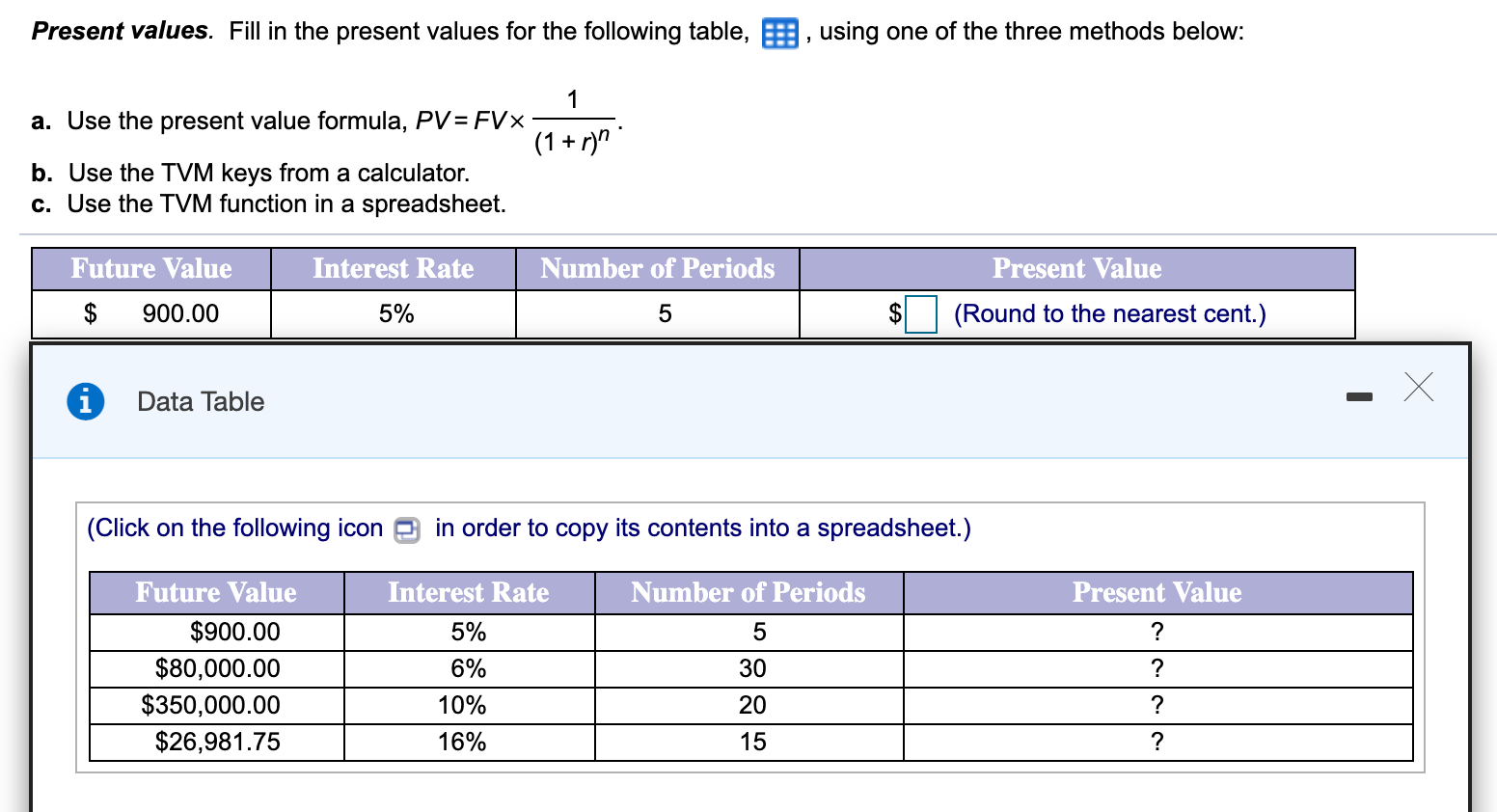 Solved Present values. Fill in the present values for the | Chegg.com