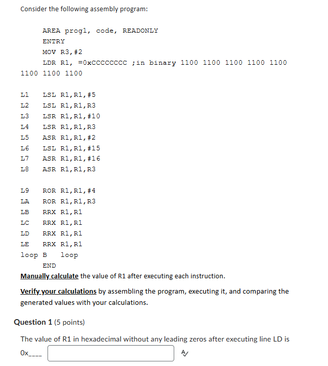 Solved Consider the following assembly program: AREA prog1, | Chegg.com