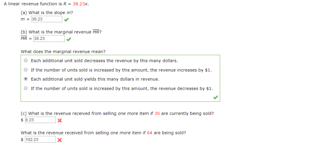 Solved A linear revenue function is R = 38.23x. (a) What is | Chegg.com