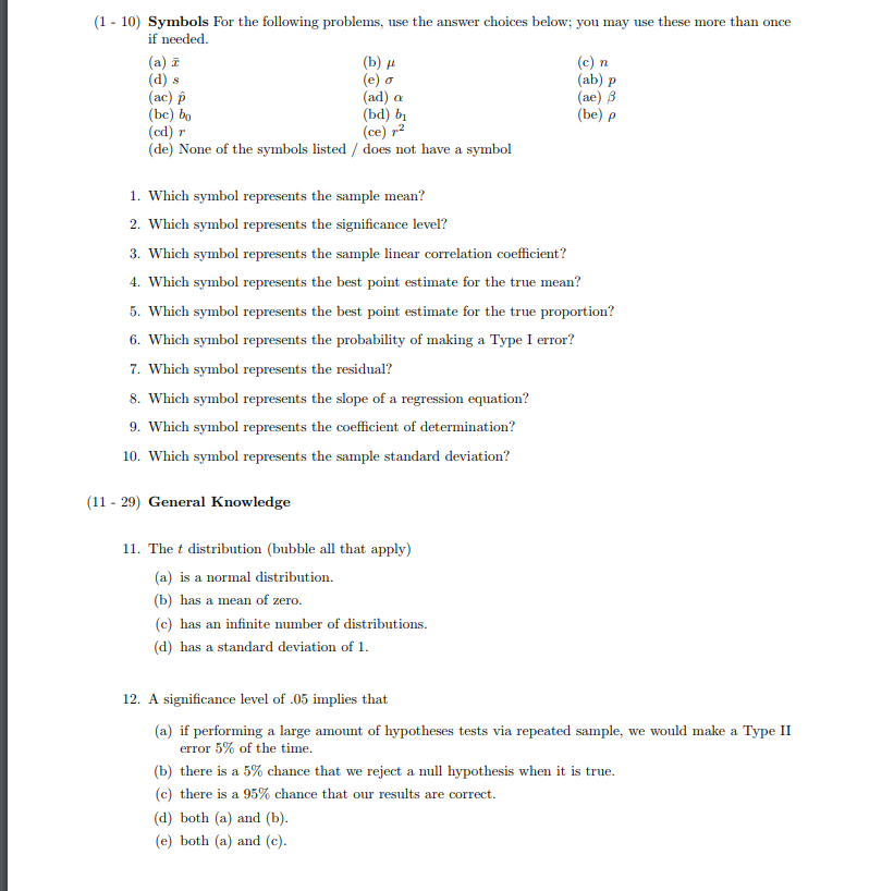 Solved (b) (1 - 10) Symbols For the following problems, use | Chegg.com