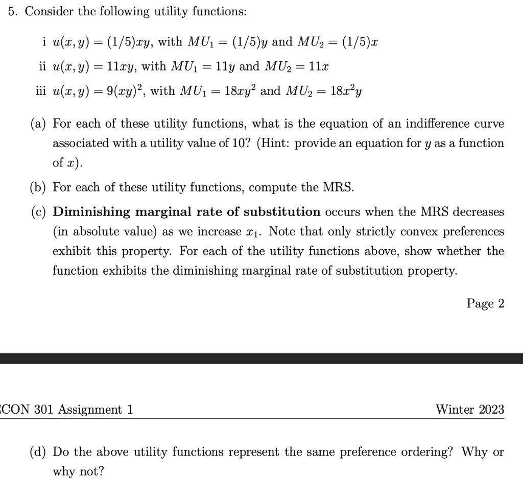 Solved i u(x,y)=(1/5)xy, with MU1=(1/5)y and MU2=(1/5)x ii | Chegg.com