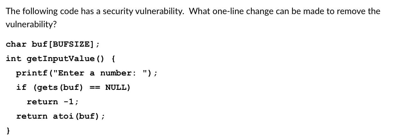Solved The following code has a security vulnerability. What | Chegg.com