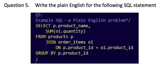Solved Write the plain English for the following SQL | Chegg.com
