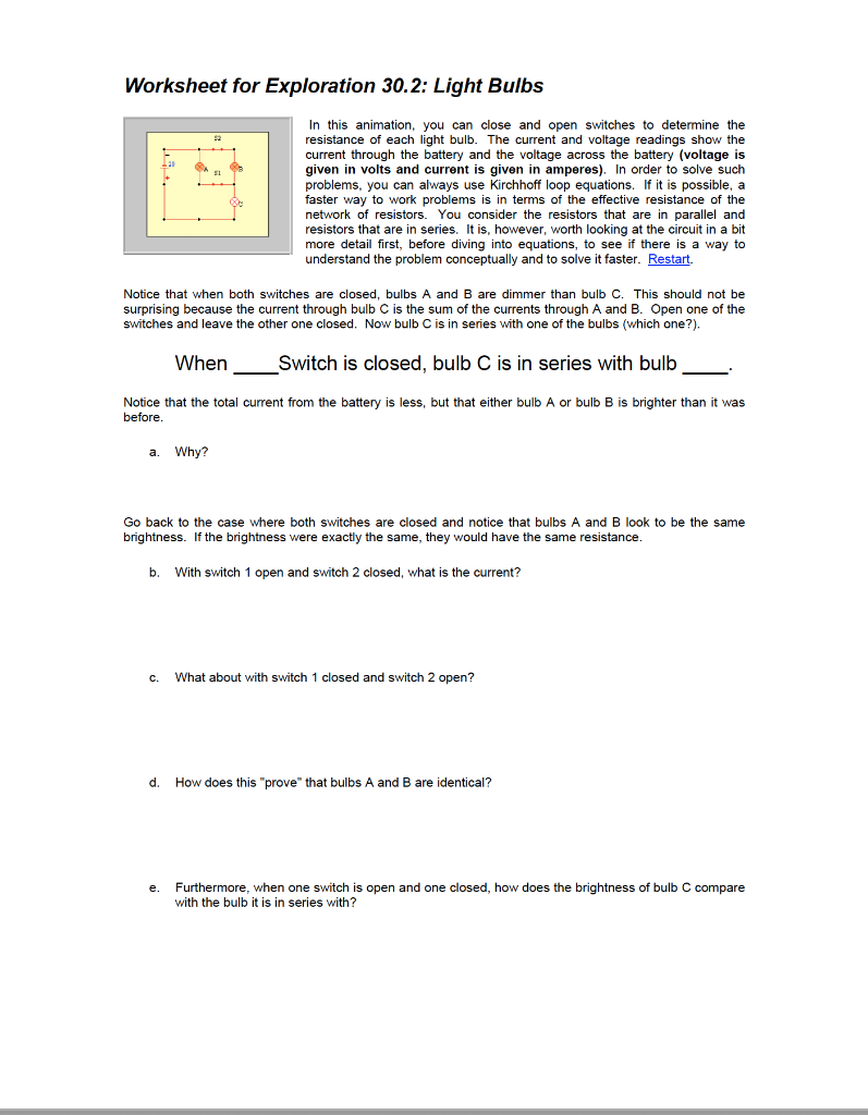 Solved Worksheet for Exploration 30.2: Light Bulbs In this | Chegg.com