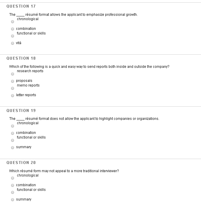 Solved QUESTION 17 The résumé format allows the applicant to | Chegg.com