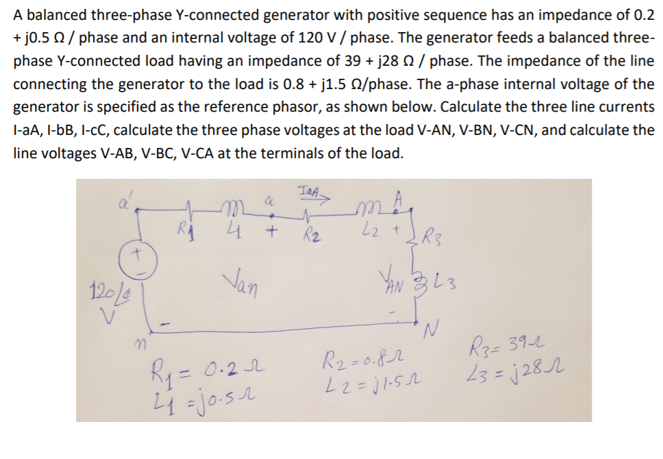 Solved A balanced three-phase Y-connected generator with | Chegg.com