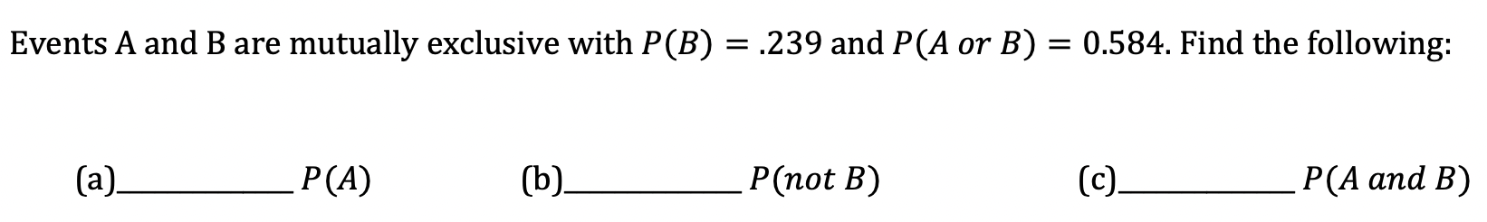 Solved Events A and B are mutually exclusive with P(B)=.239 | Chegg.com