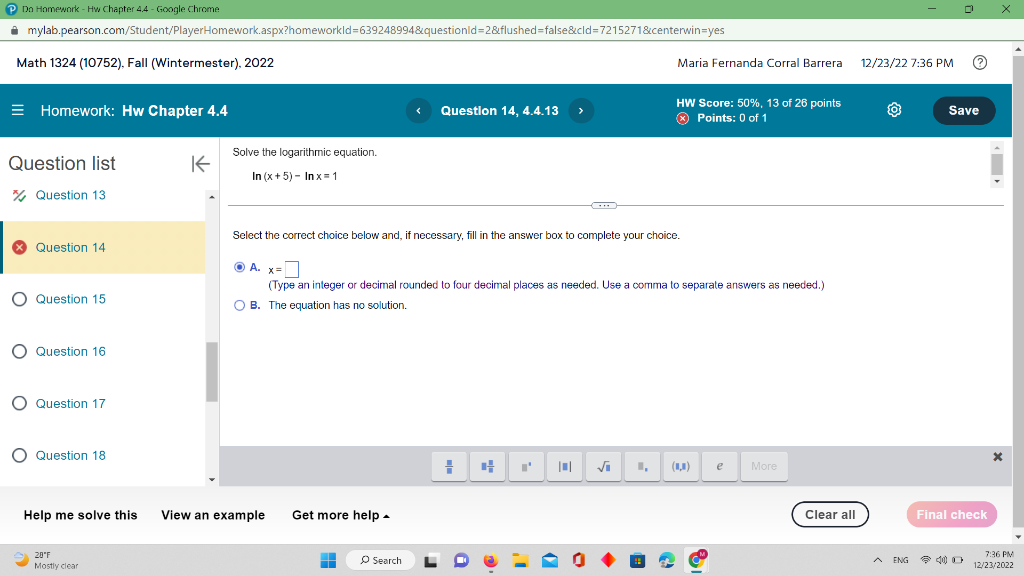 Solved estion lis Question 13 Solve the logarithmic | Chegg.com