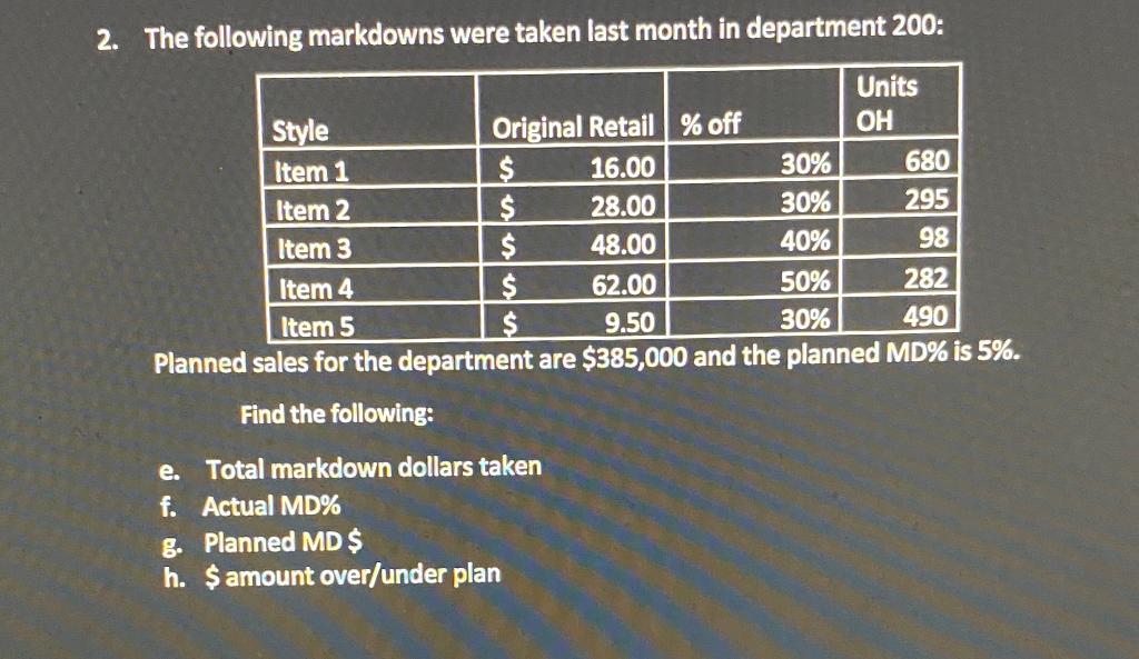 Solved 2. The following markdowns were taken last month in | Chegg.com