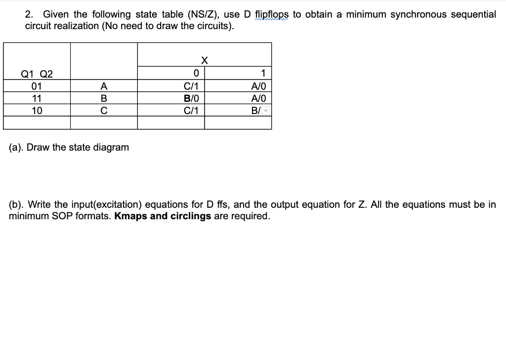 Solved 2. Given the following state table (NS/Z), use D | Chegg.com