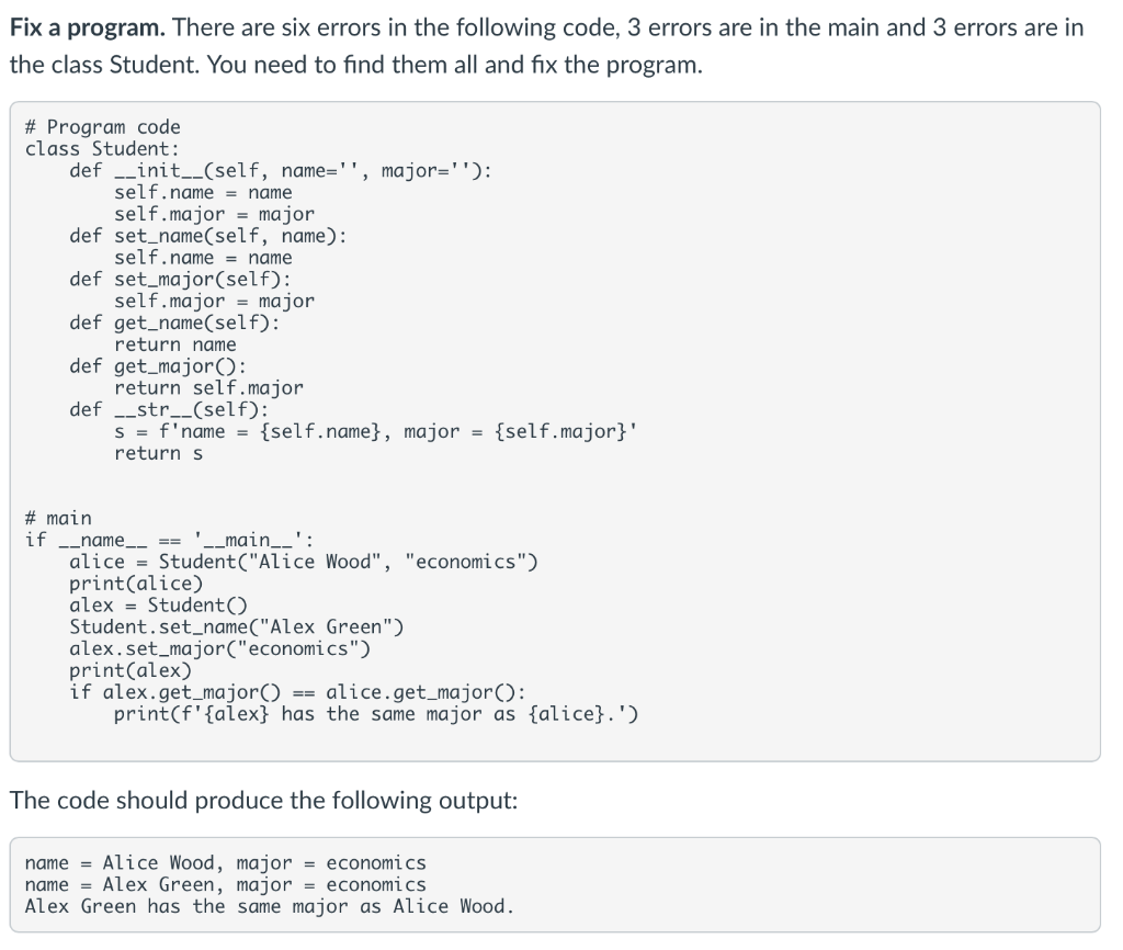 Solved Fix a program. There are six errors in the following | Chegg.com