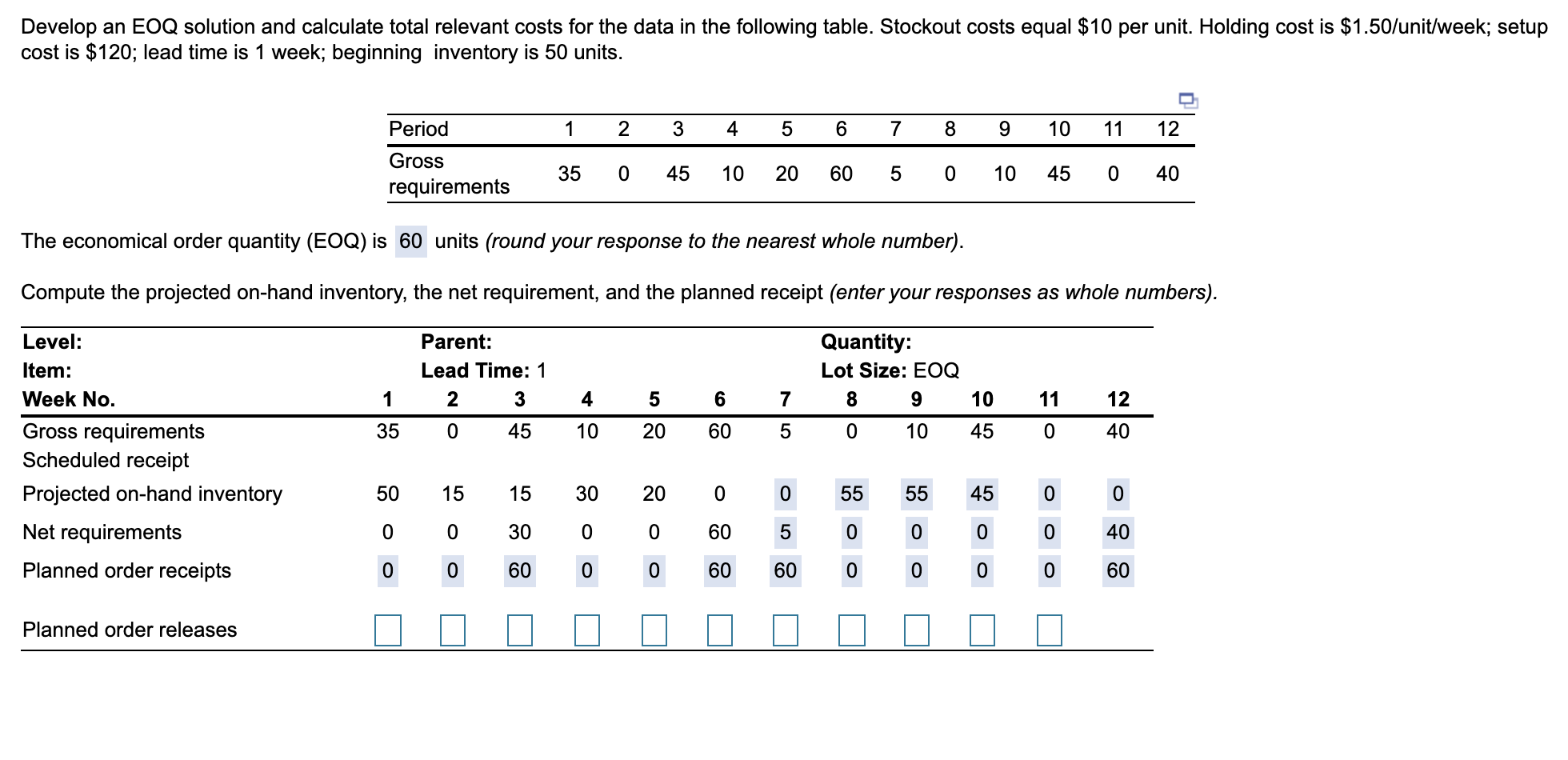 Solved Develop an EOQ solution and calculate total relevant | Chegg.com