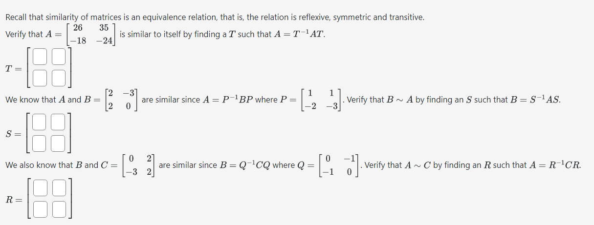Solved Recall that similarity of matrices is an equivalence | Chegg.com