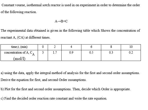 Solved Constant volume, isothermal batch reactor is used in | Chegg.com
