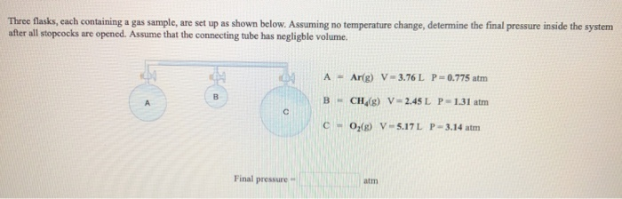 Solved Three flasks, each containing a gas sample, are set | Chegg.com