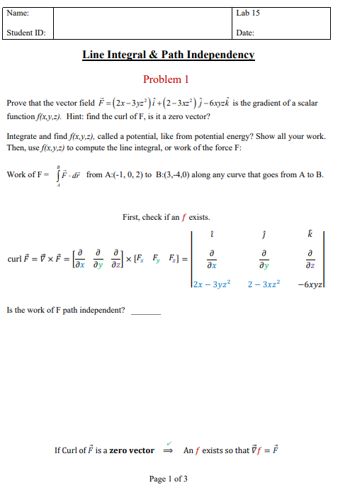 Solved Name: Lab 15 Student ID: Date: Line Integral & Path | Chegg.com