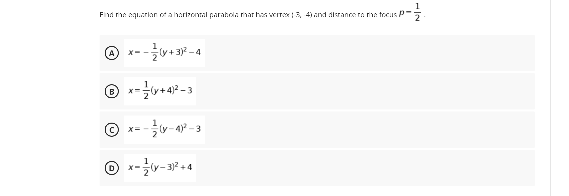 Solved Find the equation of a horizontal parabola that has | Chegg.com