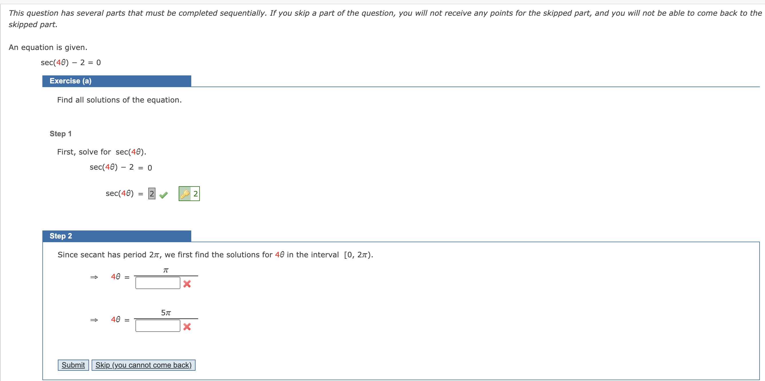Solved ped part. equation is given. sec(4θ)−2=0 Exercise (a) | Chegg.com