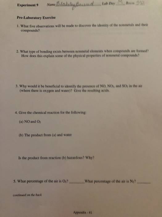 Solved Experiment 9 Name Blakrlu Bensal Pre-Laboratory | Chegg.com